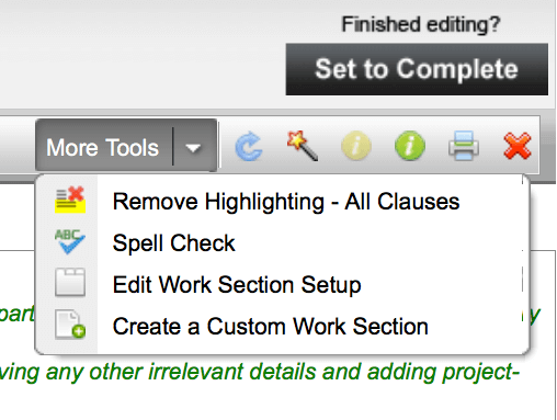 The Work Section task bar - Masterspec